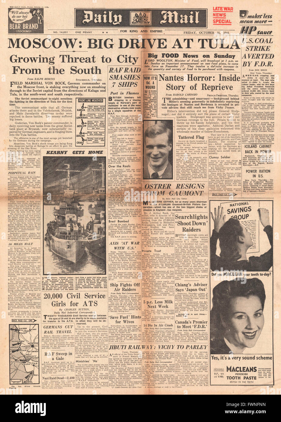 1941 front page Daily Mail German army drive on Moscow Stock Photo - Alamy