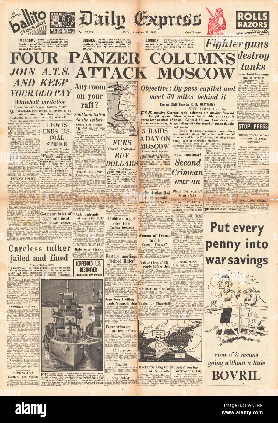 1941 front page Daily Express German army drive on Moscow Stock Photo ...
