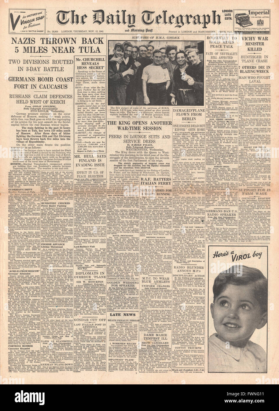 1941 front page Daily Telegraph German Army attack held at Tula and ...