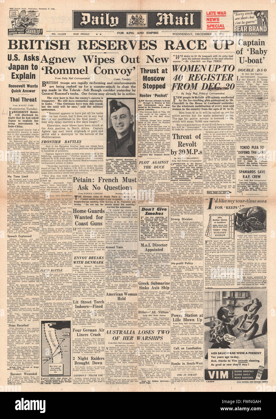 1941 front page Daily Mail Battle for Tobruk and Sidi Rezegh, Captain ...