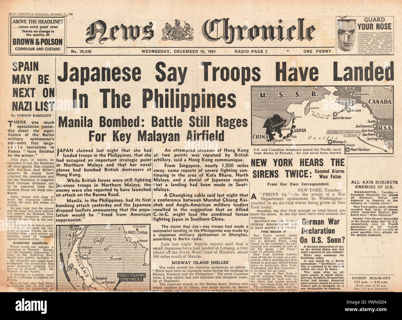 1941 front page News Chronicle Japanese Forces land in the Philippines ...