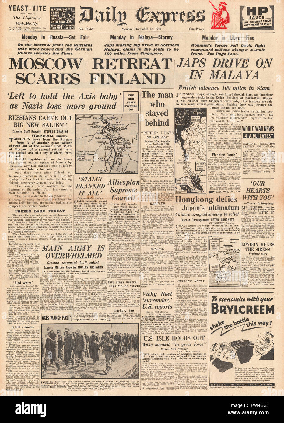 1941 front page Daily Express Moscow retreat worries Finland and ...