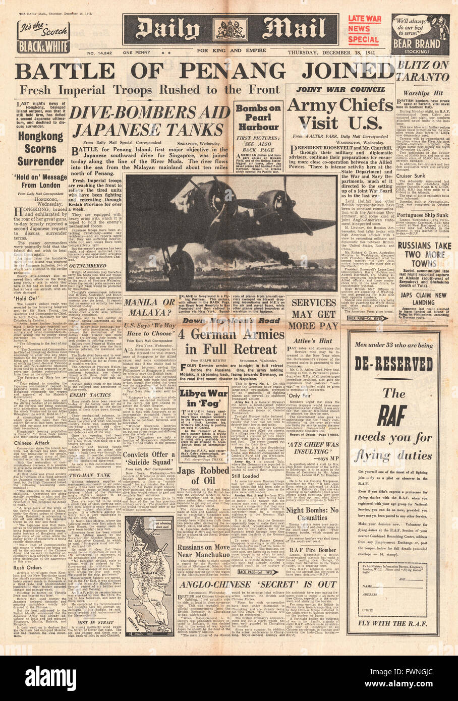 1941 front page Daily Mail Battle for Penang and RAF Bomb Taranto Stock ...