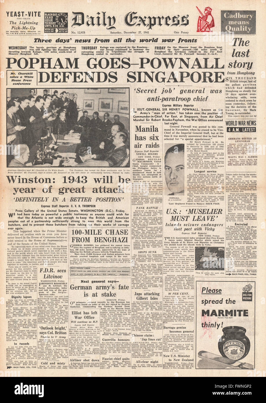 1941 front page Daily Express Churchill addresses congress, surrender ...