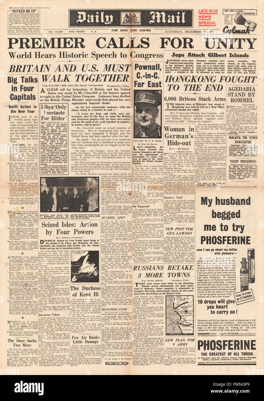 1941 front page Daily Mail Churchill addresses congress, surrender of ...