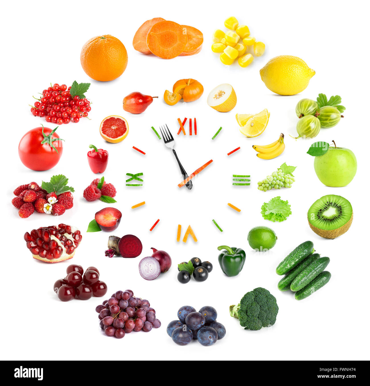 Food clock with fruits and vegetables. Healthy food concept Stock Photo ...