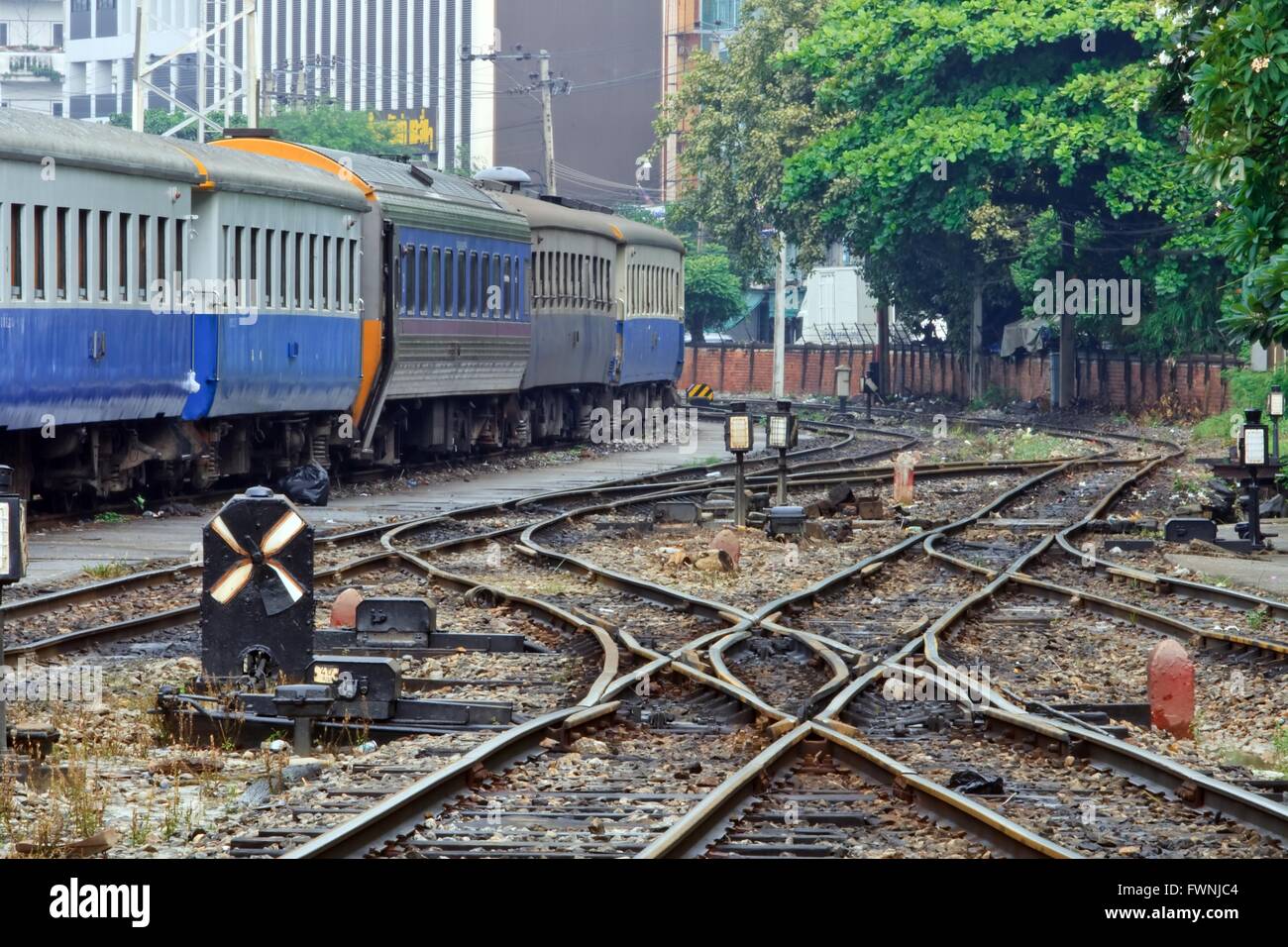 Mess up of crossing railway track junction at Bangkok Station Thailand ...