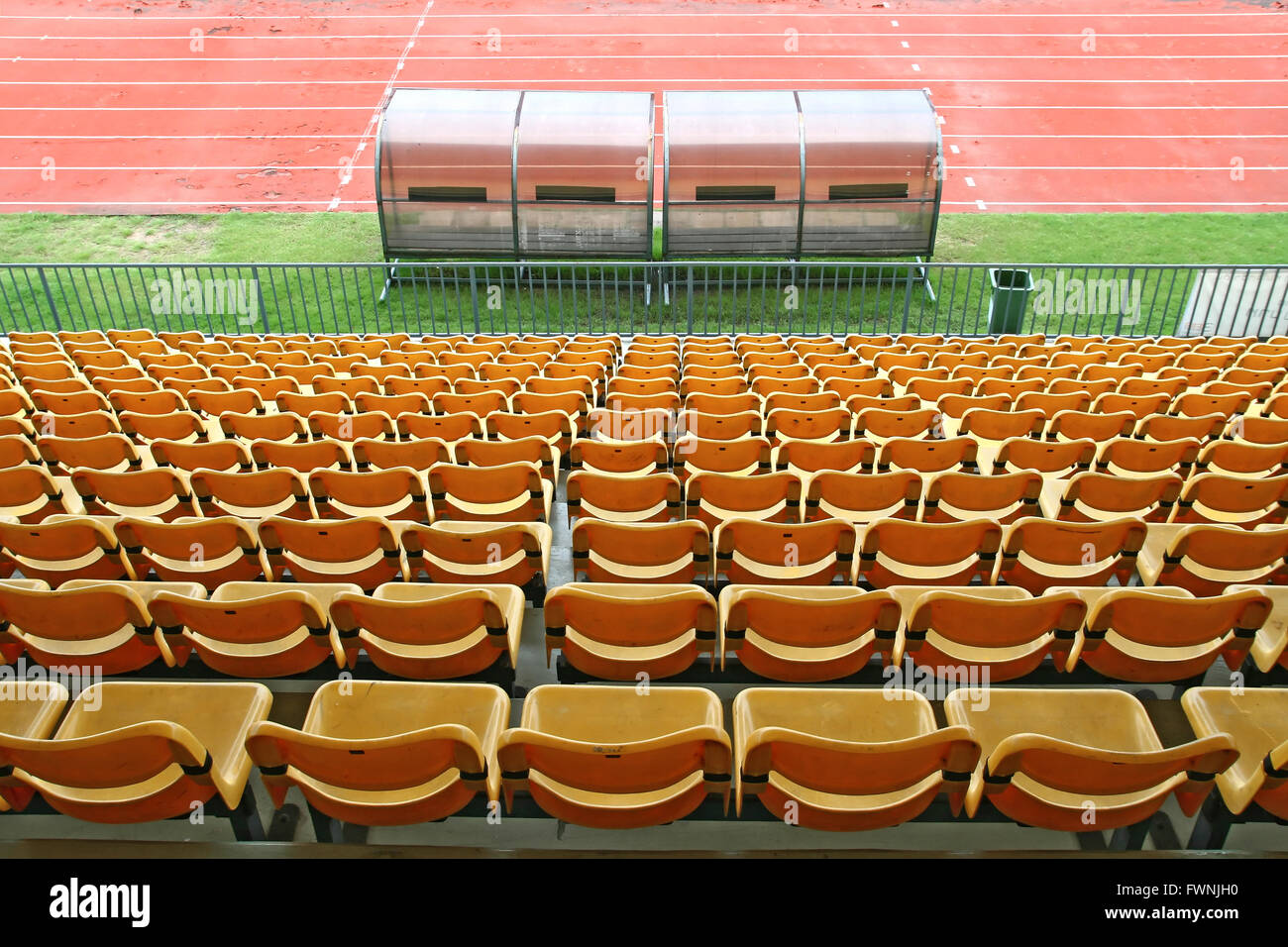 Coach and reserve benches with yellow seats in football stadium Back ...