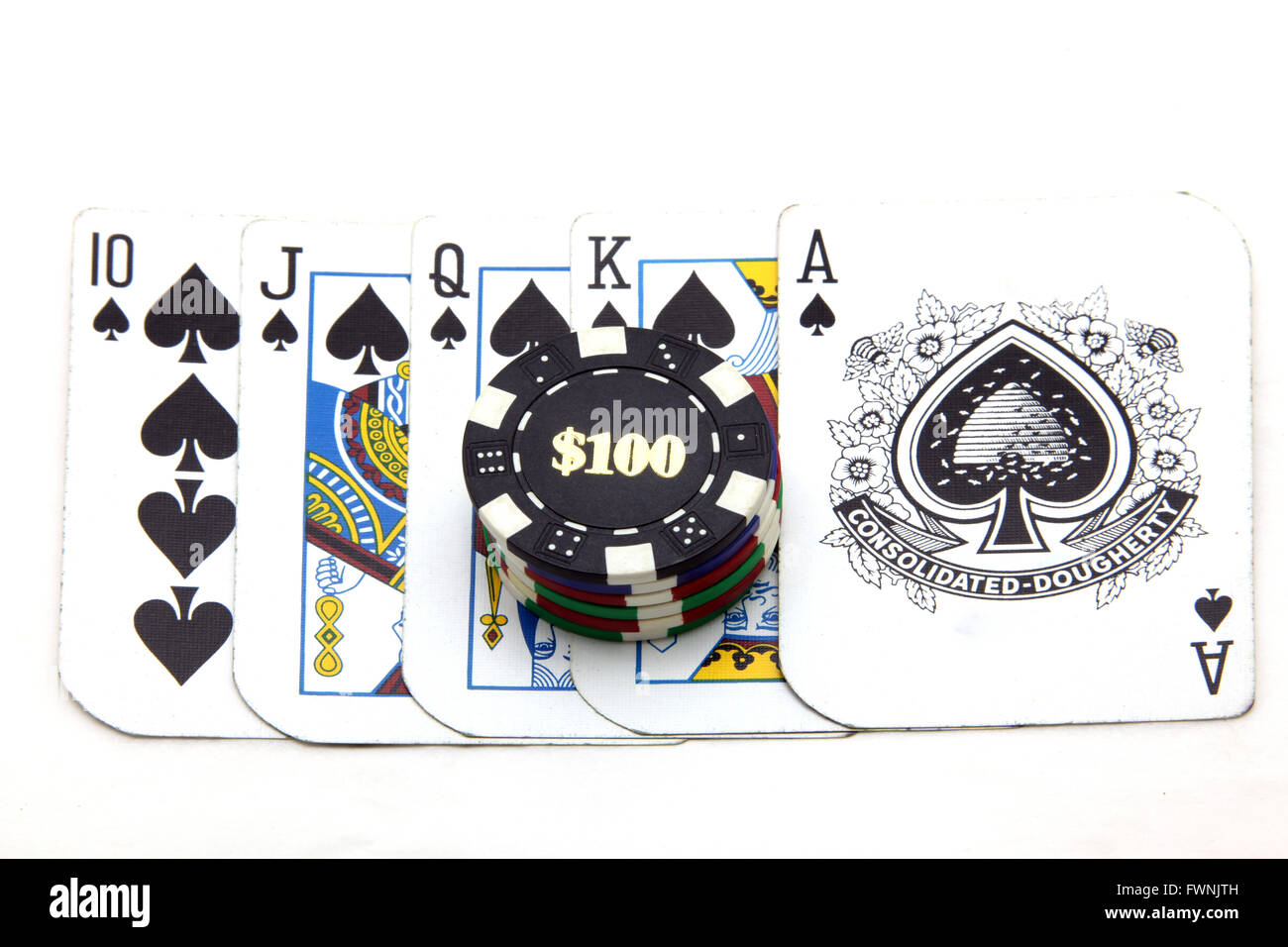 money chip with royal straight flush card Stock Photo - Alamy