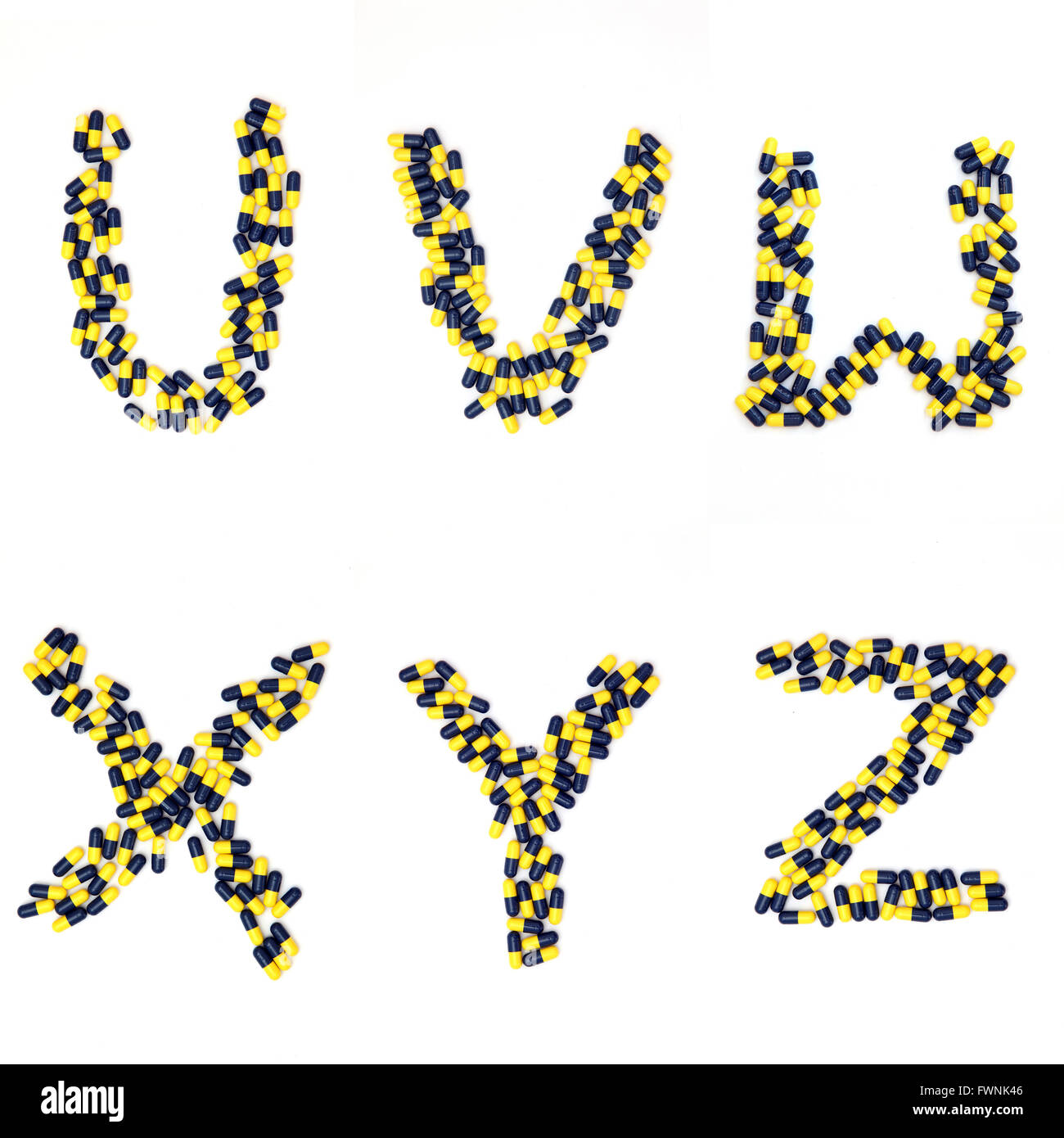 Collection of letter UVWXYZ alphabet made of medical capsules style ...