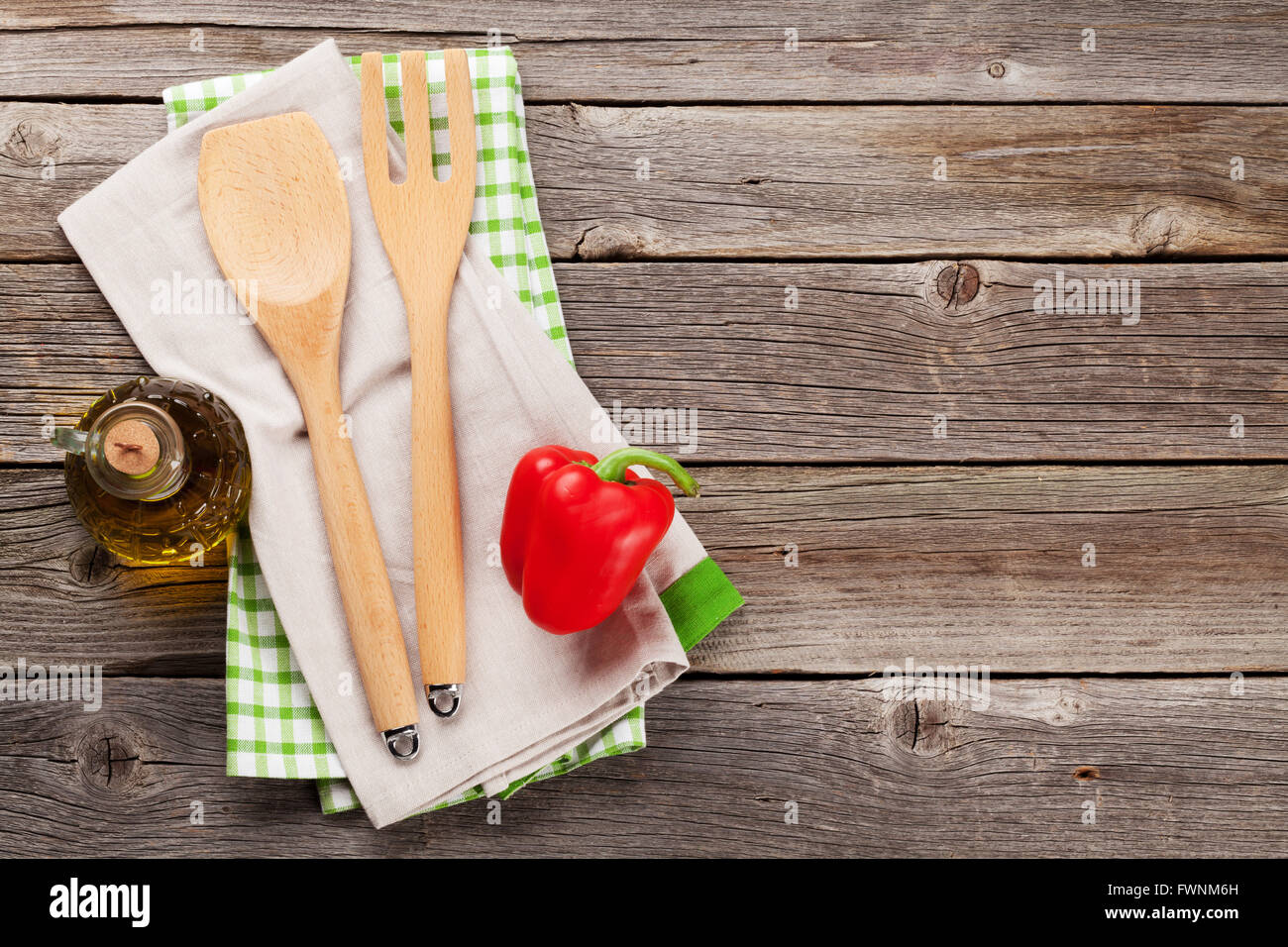 Cooking utensils and ingredients on wooden table. Top view with copy ...