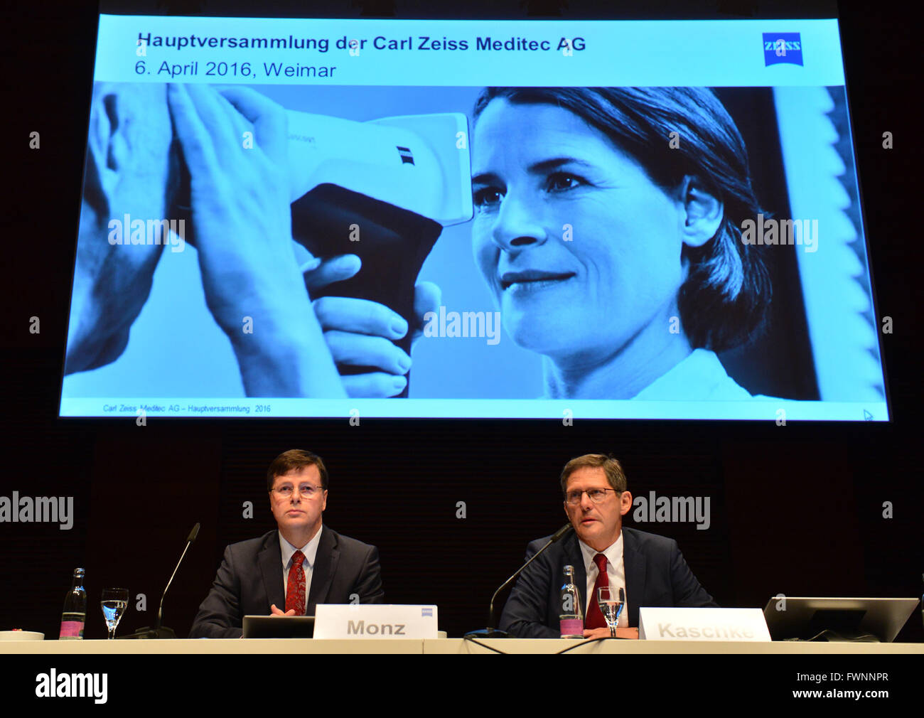 Weimar, Germany. 6th Apr, 2016. Chairman Ludwin Monz (l) and Michael ...