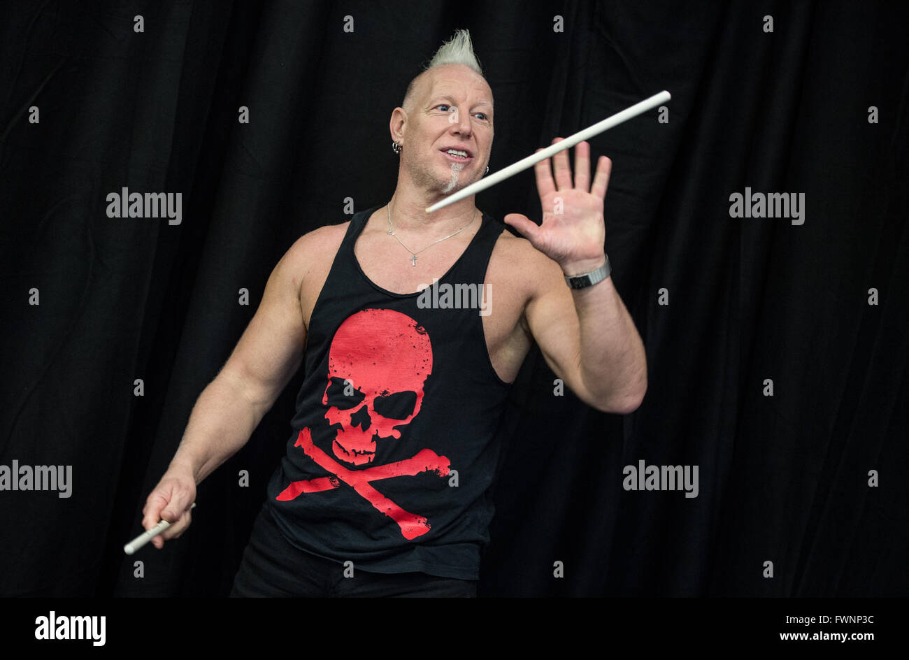 Frankfurt, Germany. 6th Apr, 2016. Drummer Mike Terrana juggling with ...