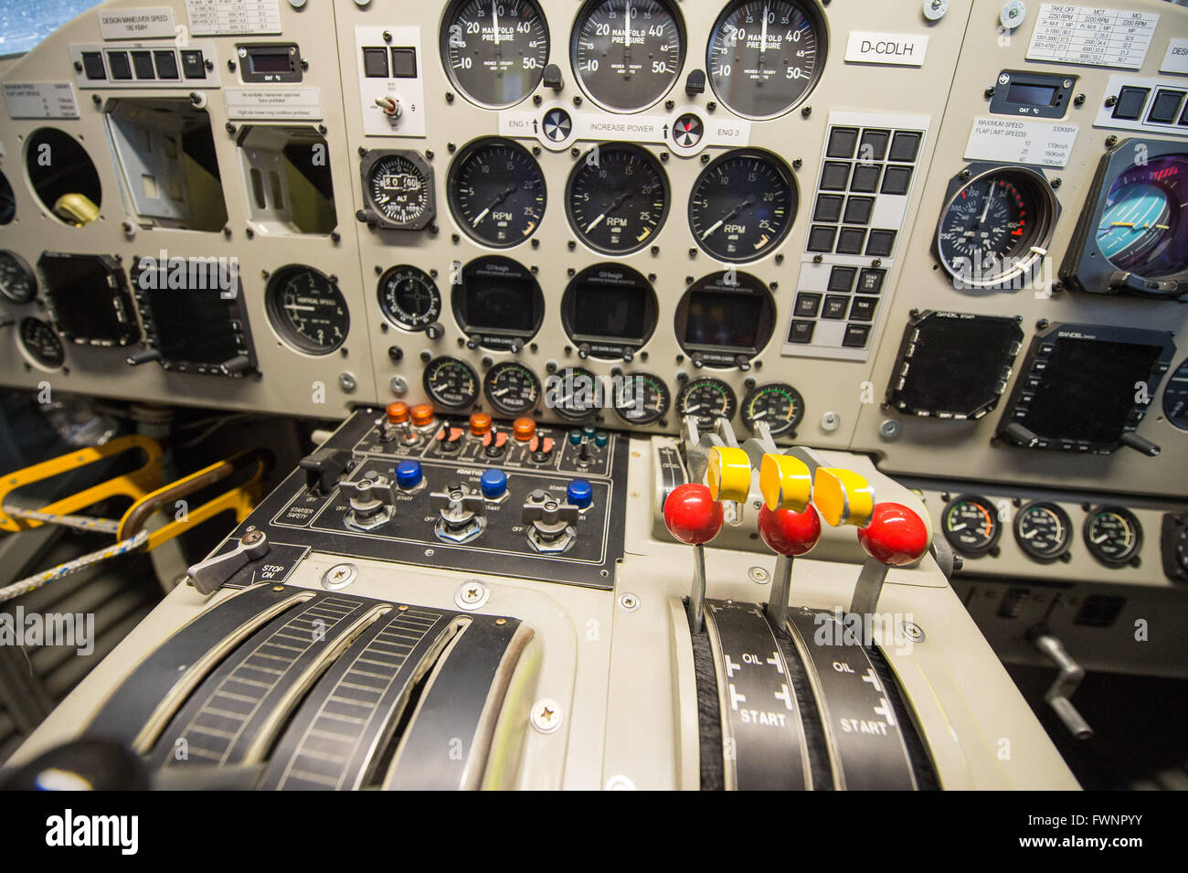 Hamburg, Germany. 6th Apr, 2016. The cockpit of the Junker Ju 52 in a ...