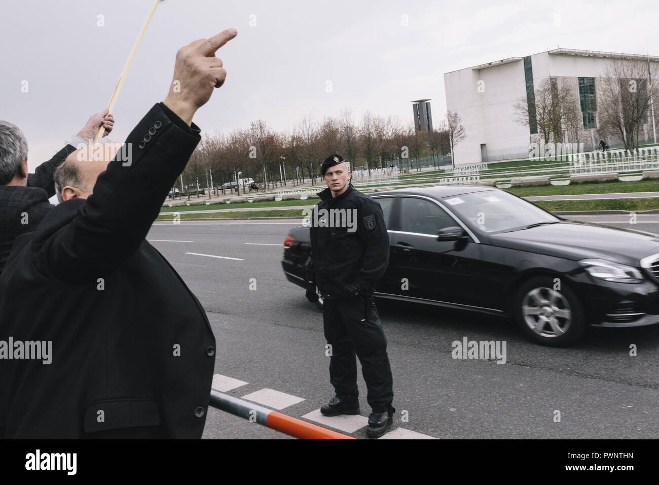 Berlin, Germany. 6th Apr, 2016. Protester yelling at diplomat cars ...