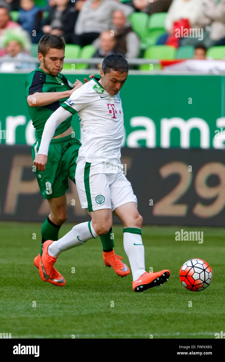 Budapest, Hungary. 6th April, 2016. Vladan Cukic of Ferencvaros (r ...