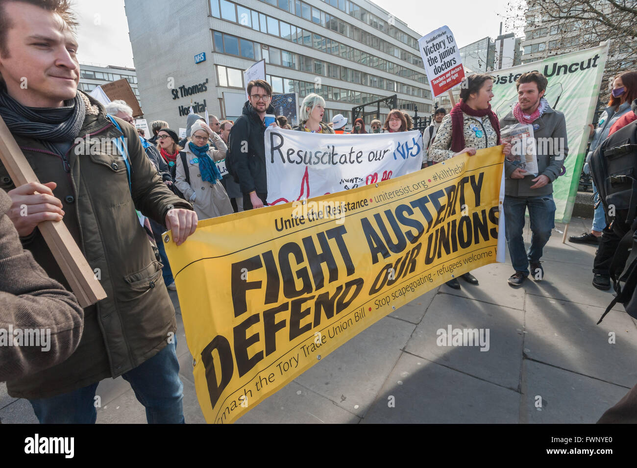 London, UK. 6th April, 2016. The Unite the Resistance banner at the ...