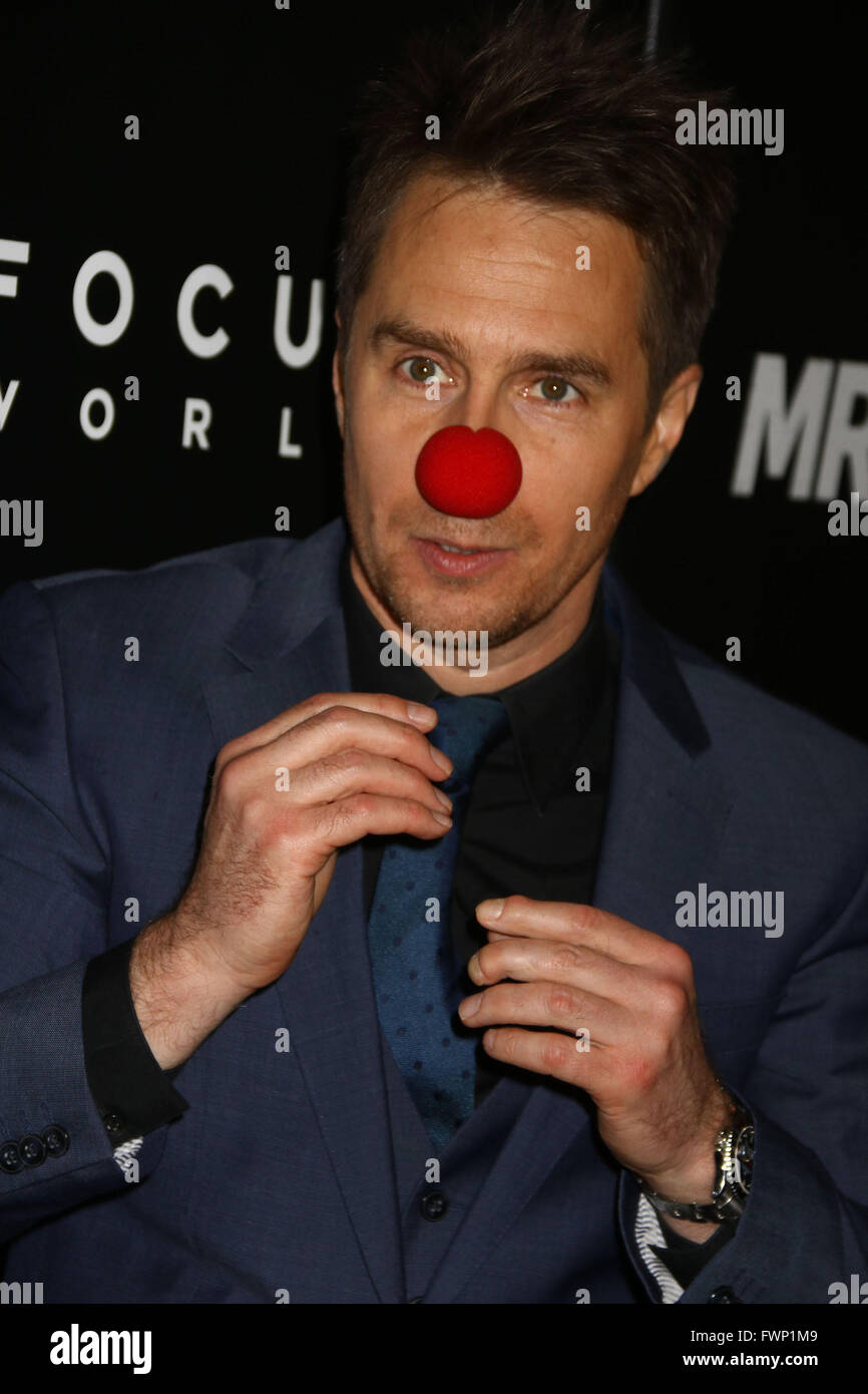 New York, USA. 6th Apr, 2016. Actor SAM ROCKWELL wears a red nose at ...