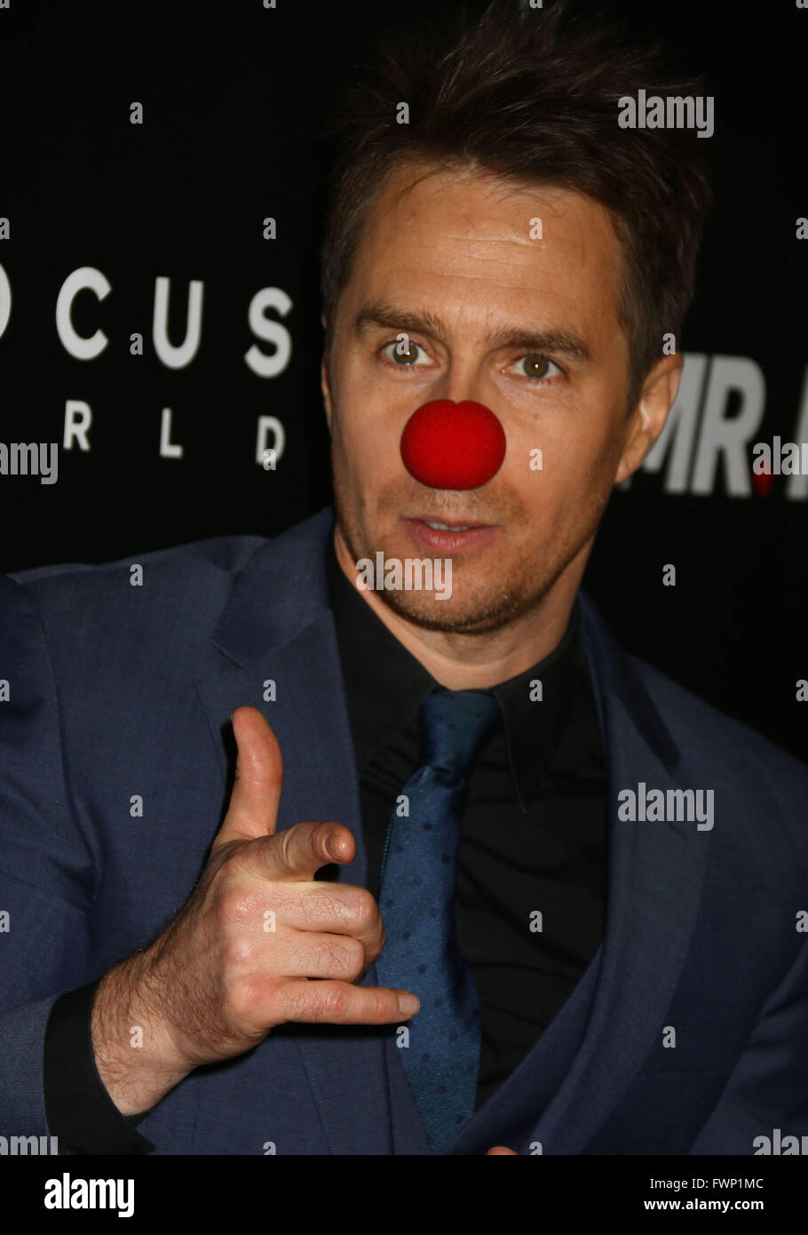 New York, USA. 6th Apr, 2016. Actor SAM ROCKWELL wears a red nose at ...