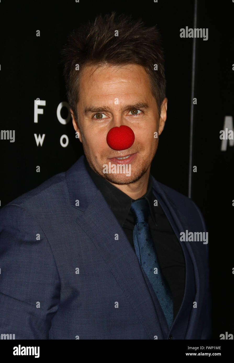 New York, USA. 6th Apr, 2016. Actor SAM ROCKWELL wears a red nose at ...