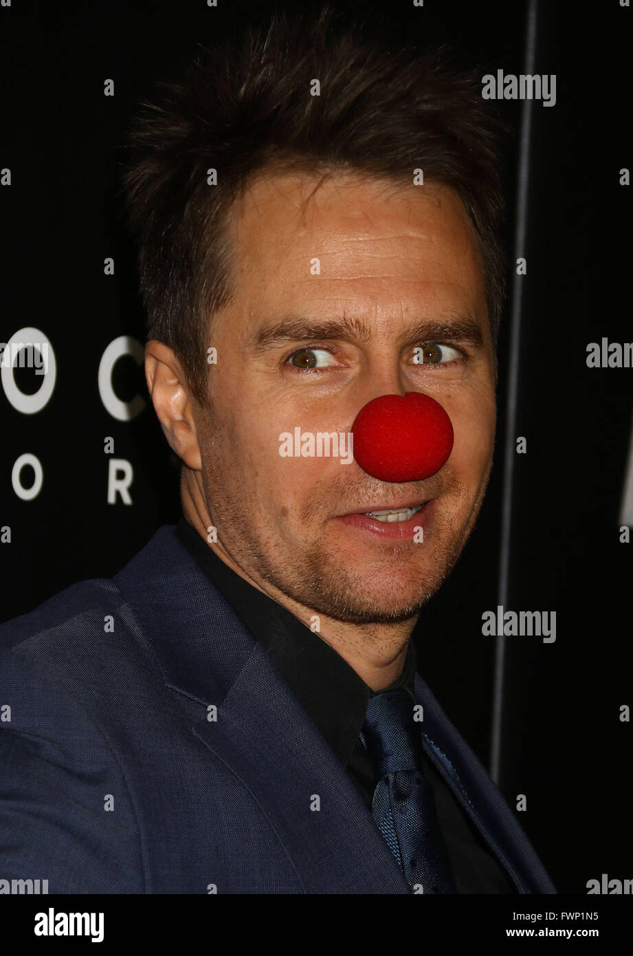 New York, USA. 6th Apr, 2016. Actor SAM ROCKWELL wears a red nose at ...