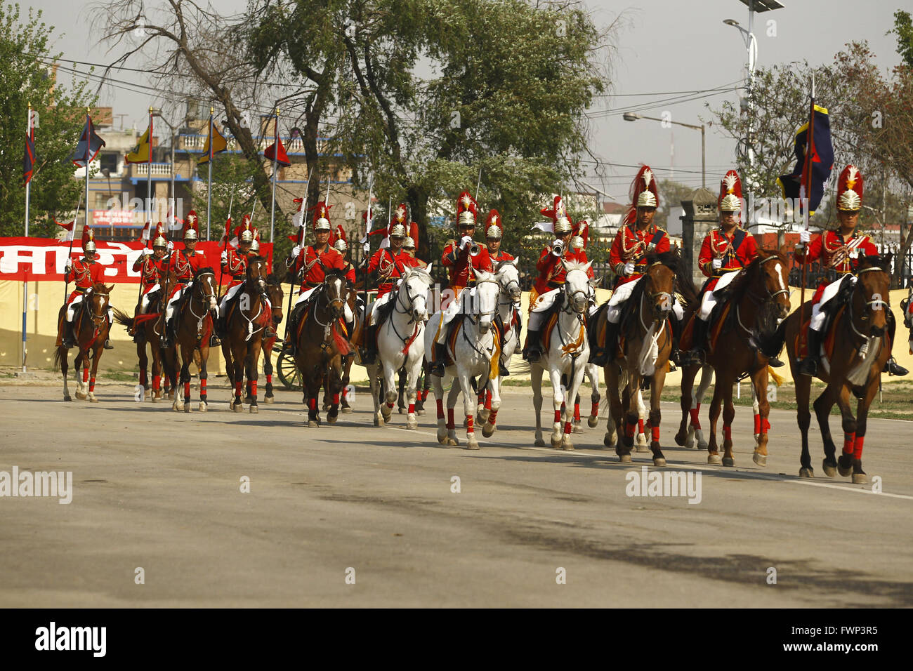 Kathmandu, Nepal. 7th Apr, 2016. Nepalese soldiers parade on horses ...