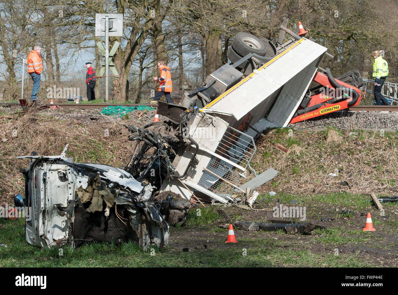 Hoeltinghausen, Germany. 07th Apr, 2016. The wrecked lorry lies on the ...