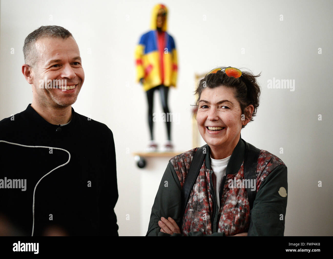 Berlin, Germany. 06th Apr, 2016. Artist Isa Genzken (R) talks to ...