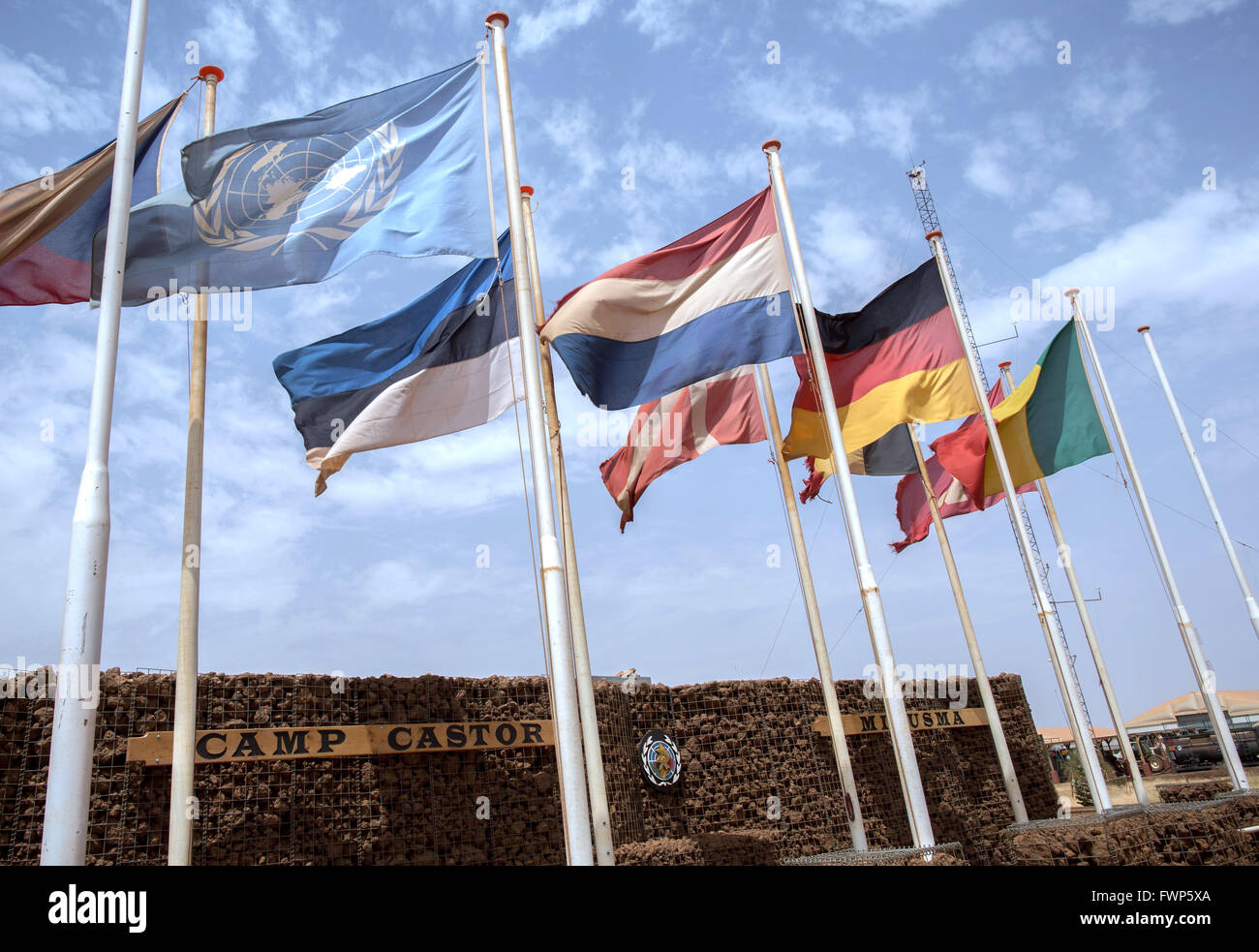 Gao, Mali. 05th Apr, 2016. Various flags flying at Camp Castor in Gao ...