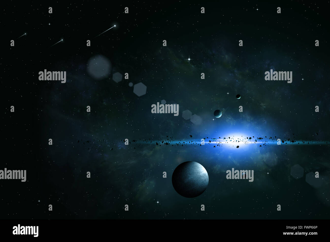 abstract imaginary deep space illustration with planets and asteroids ...