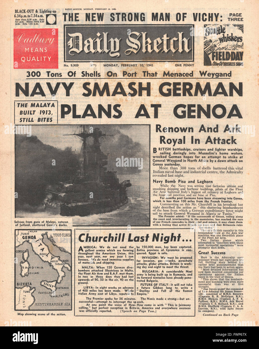 1941 front page Daily Sketch Royal Navy bombard Italian port of Genoa ...