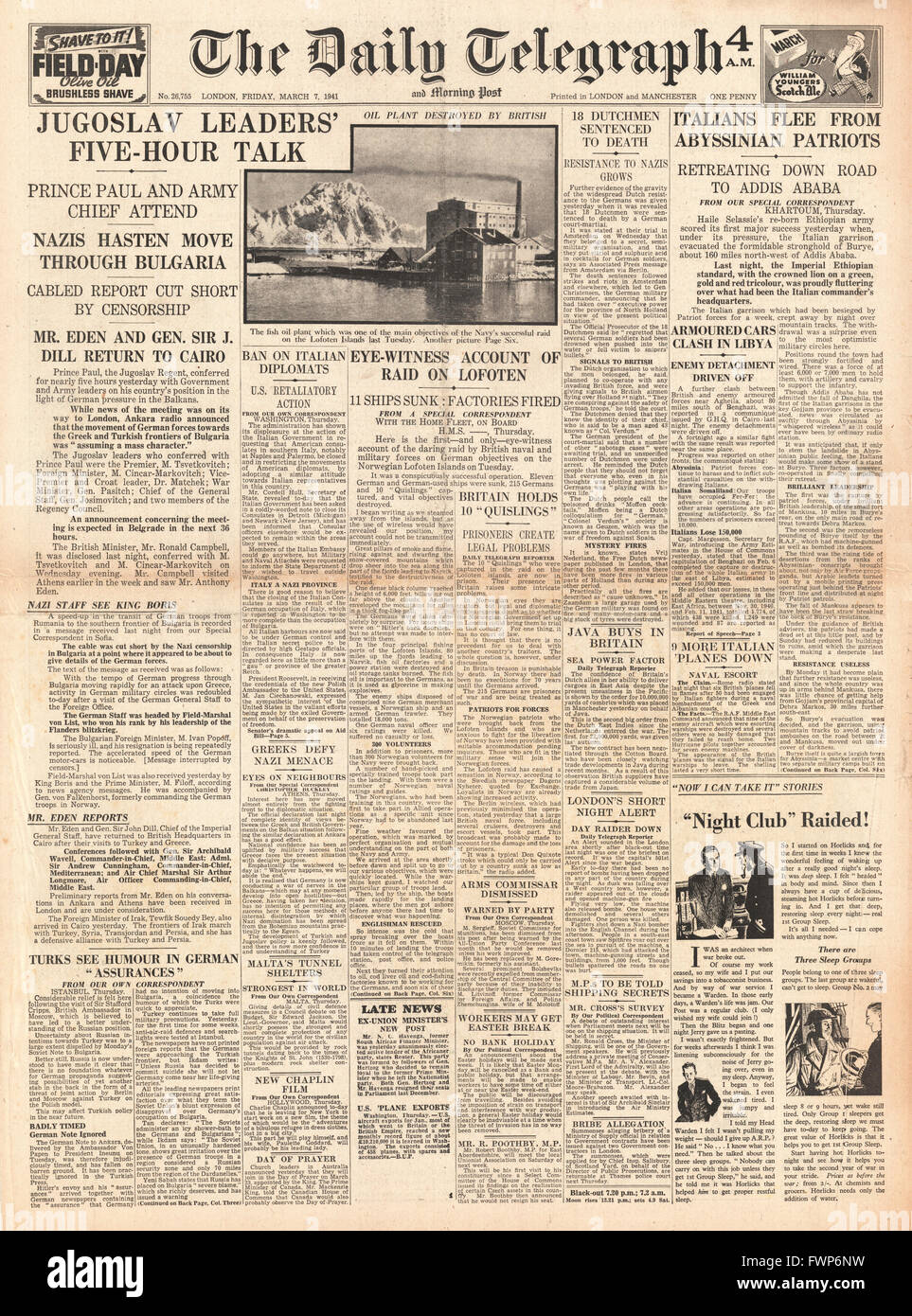 1941 daily telegraph british raid on the lofoten islands hi-res stock ...