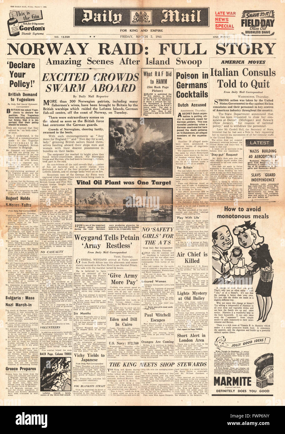 1941 front page Daily Mail British raid on the Lofoten Islands Stock ...