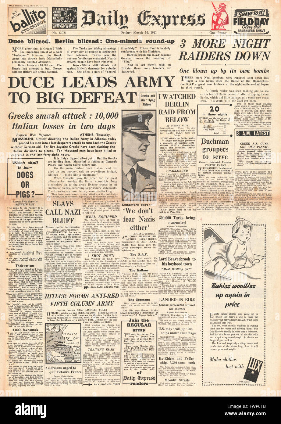 1941 front page Daily ExpressItalian Army routed in Albania Stock Photo ...