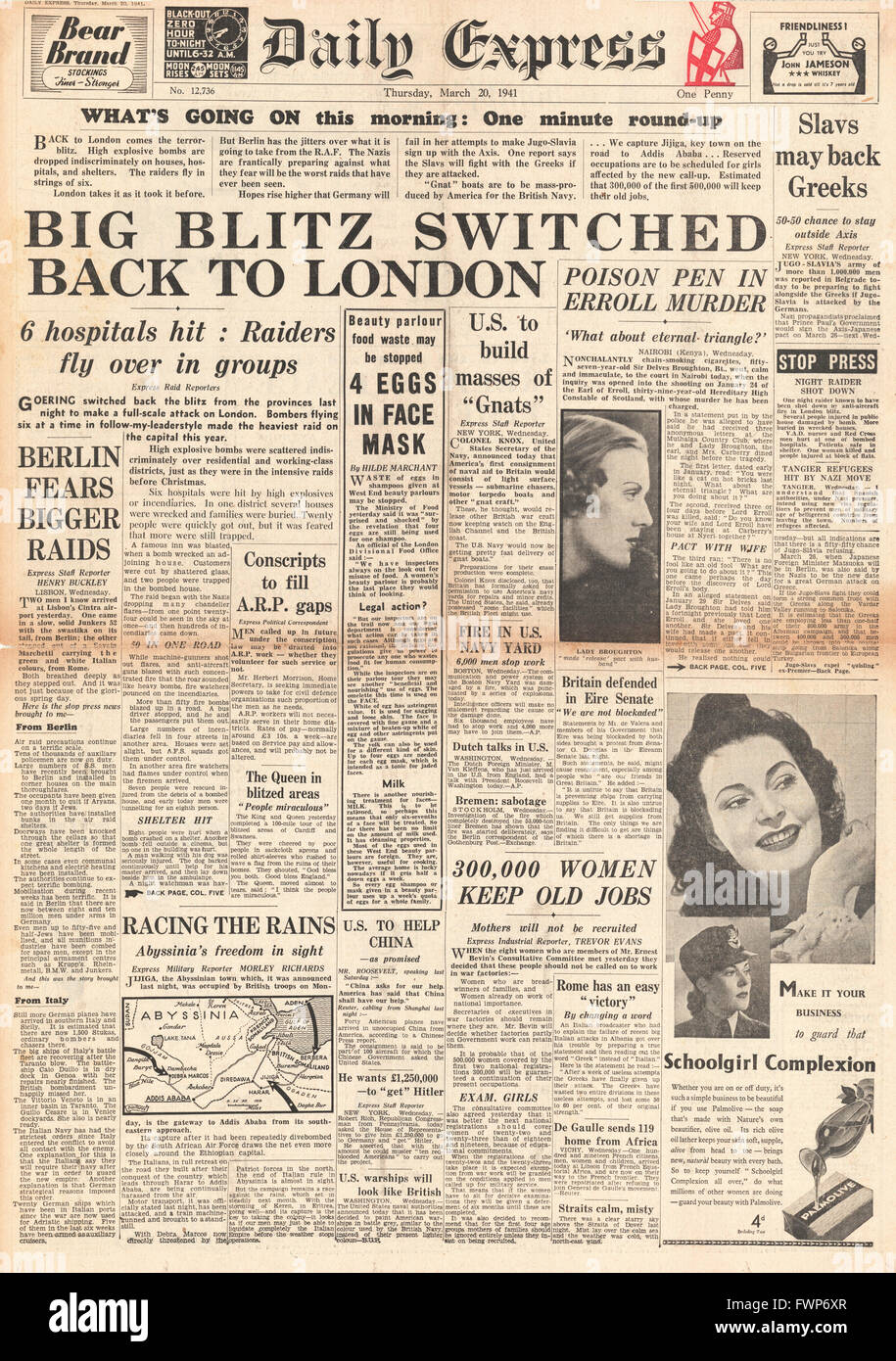 1941 front page Daily Express Luftwaffe Bombing raid on London and Lord ...