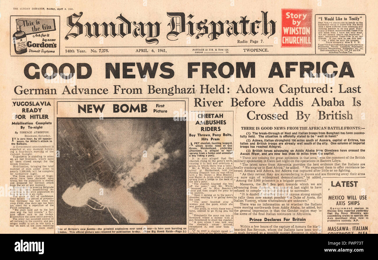 1941 front page Sunday Dispatch Good news from Africa Stock Photo - Alamy