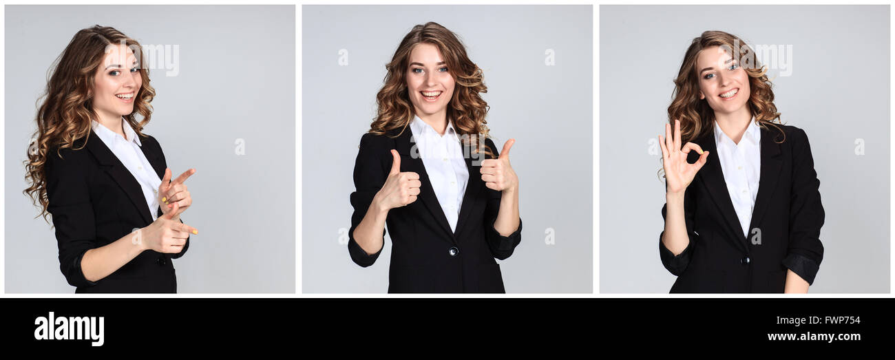 The collage of young woman's portraites with happy emotions Stock Photo ...