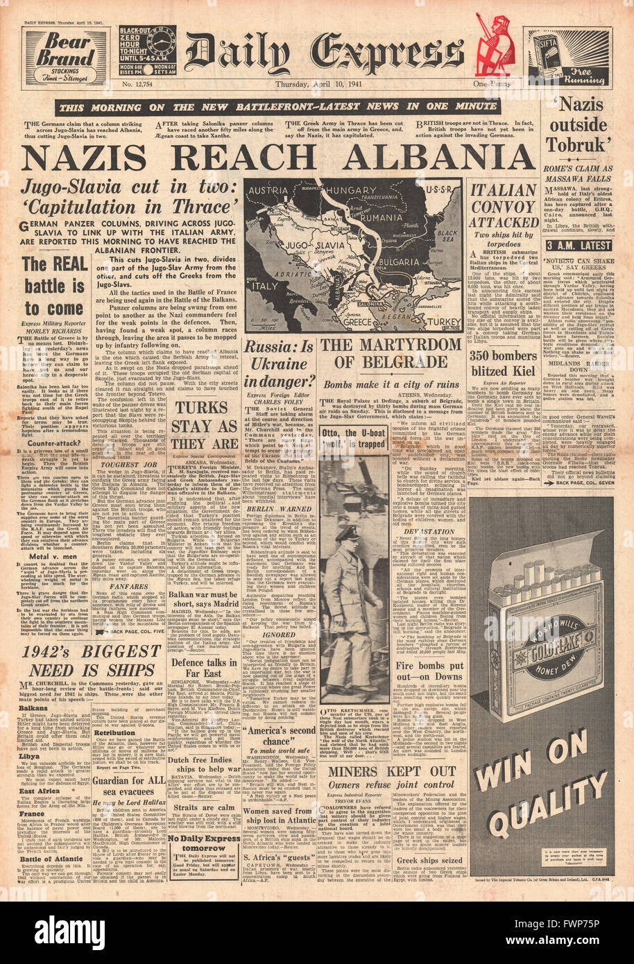 1941 front page Daily Express German Army reaches Albanian border Stock ...