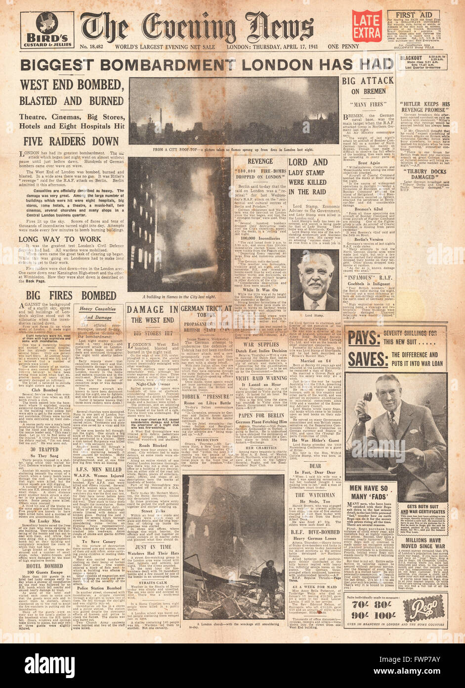 1941 front page Evening News (London) Bombing raid on London Stock ...