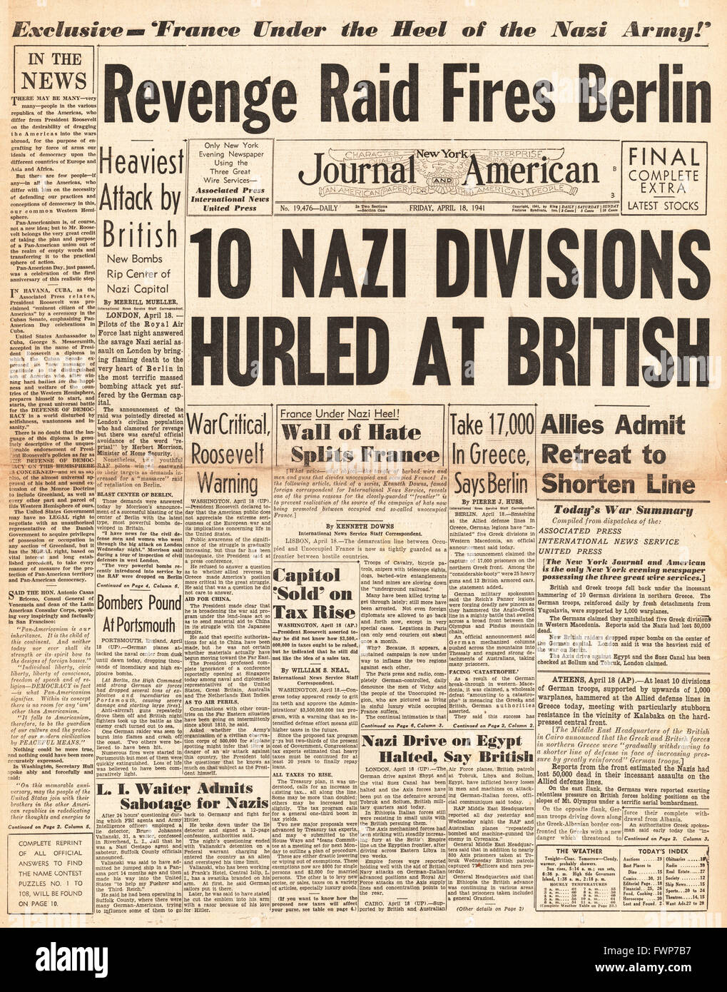 1941 front page New York Journal American Battle in the Balkans and ...