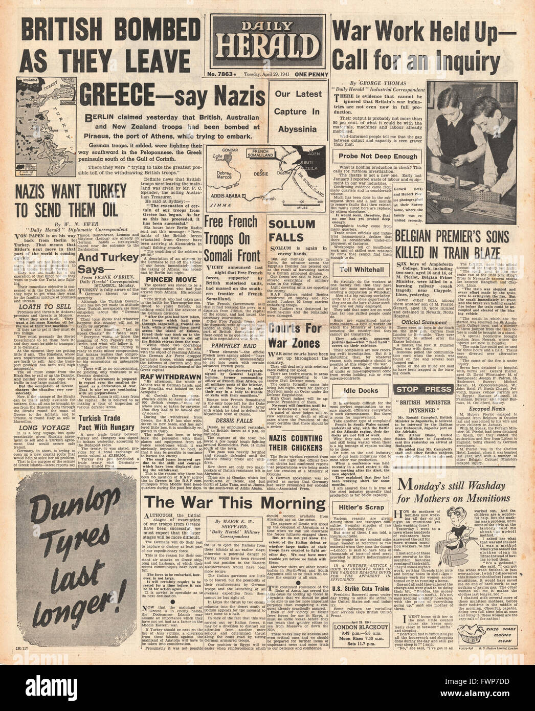 1941 front page Daily Herald British and Anzac Forces retreat from ...