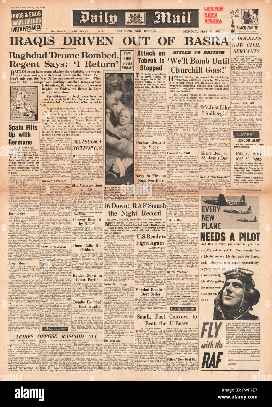 1941 front page Daily Mail Iraqis driven out of Basra and RAF bomb Iraq ...