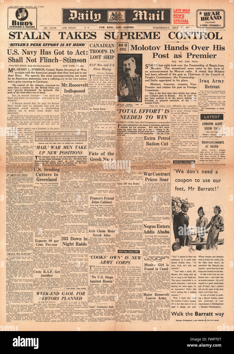 1941 front page Daily Mail Stalin to take supreme control of Russia, U ...