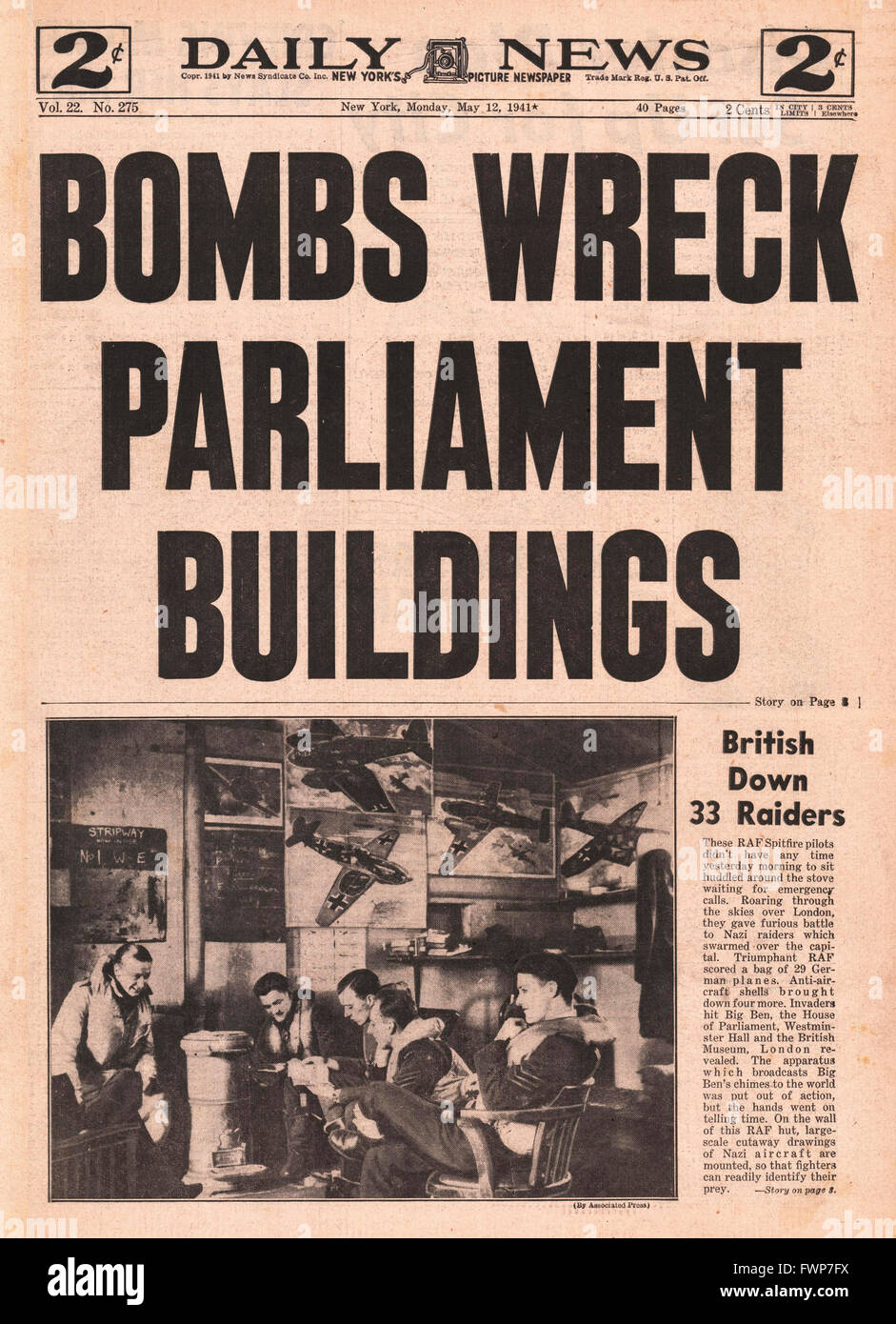 1941 front page Daily News New York Parliament damaged in Luftwaffe ...