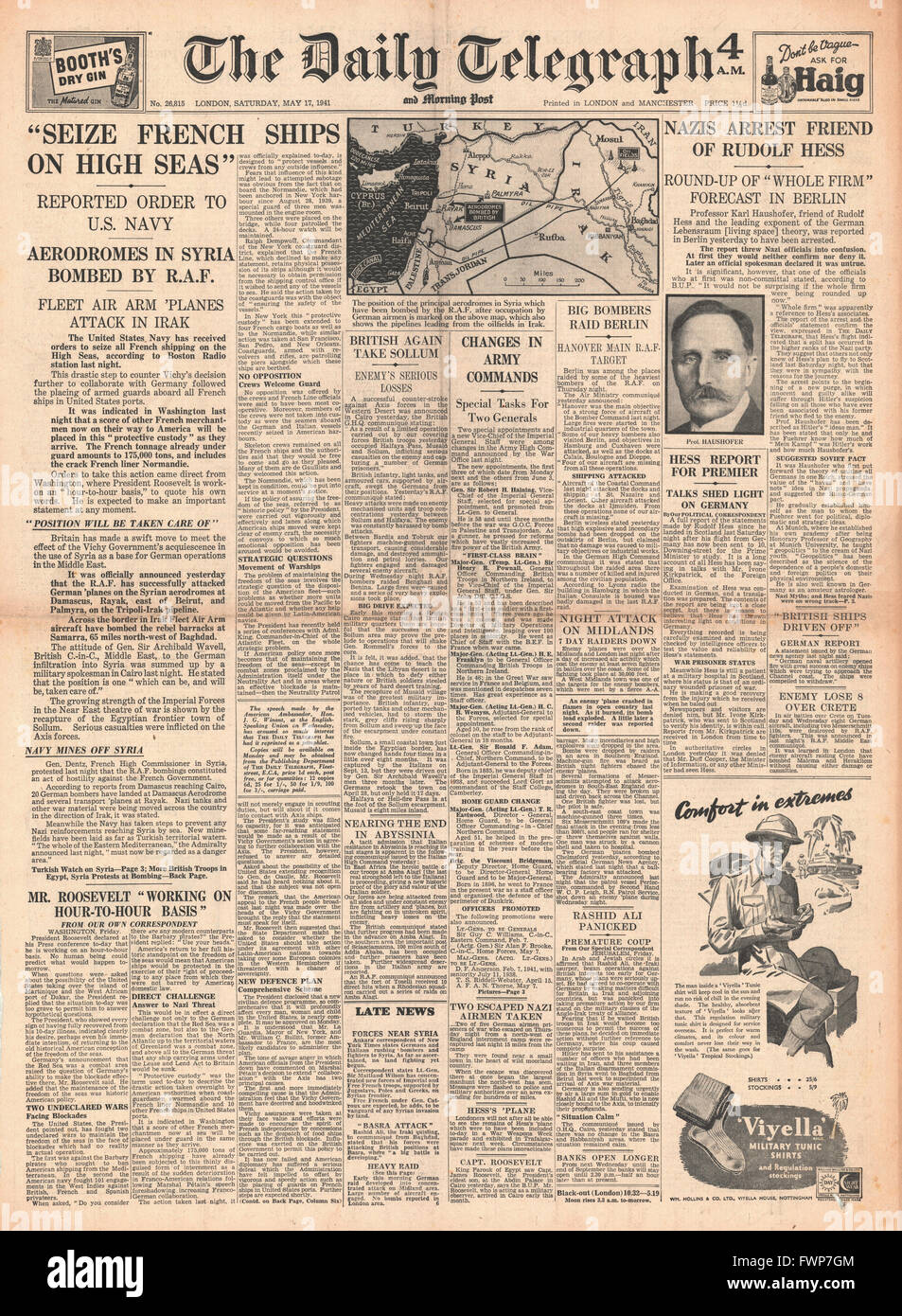 1941 front page Daily Telegraph U.S. Navy ordered to sieze French ships ...