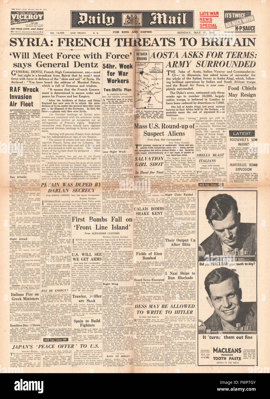1941 front page Daily Mail General Dentz, Governor of Syria pledges to ...