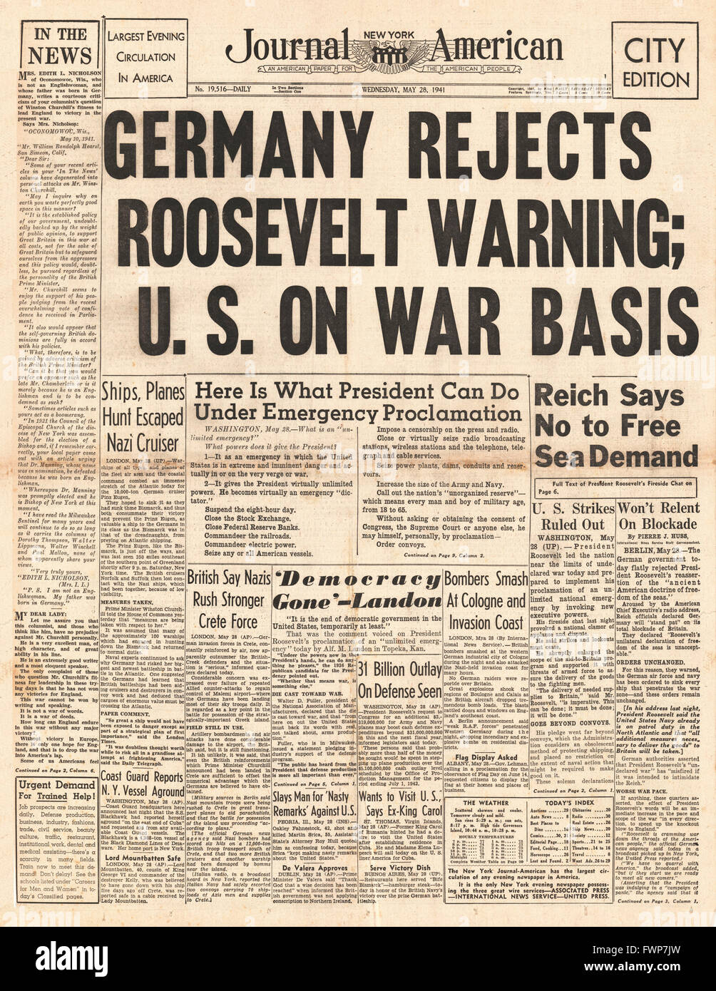 1941 front page New York Journal American Germany reject Roosevelt's ...