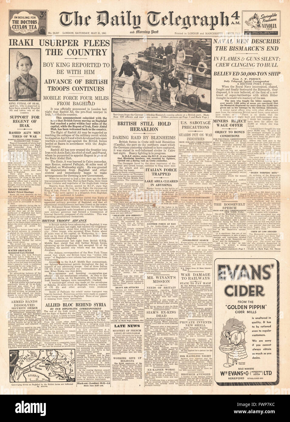 1941 front page Daily Telegraph Rashid Ali Flees Iraq and Bismarck ...