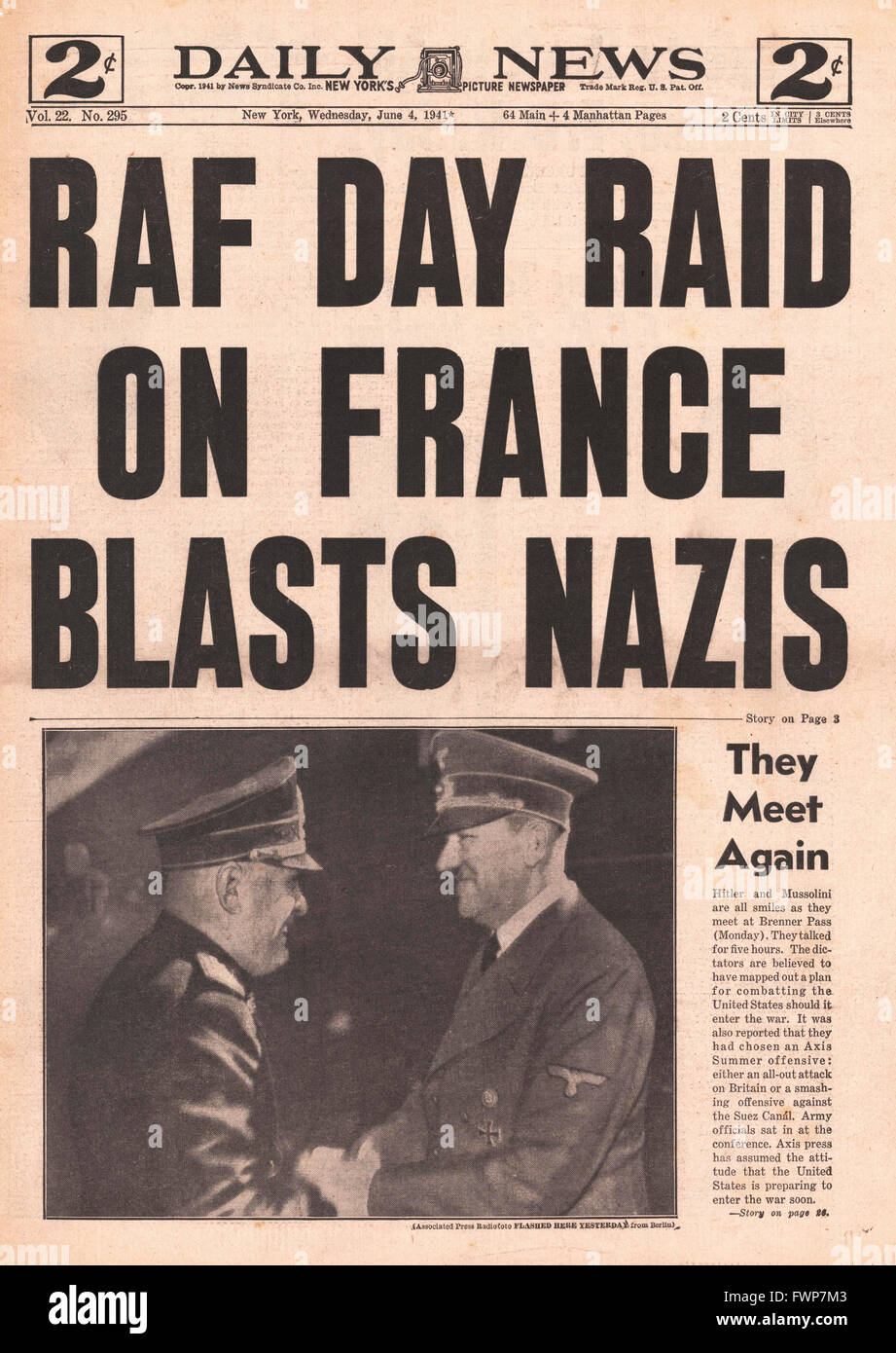 1941 front page Daily News New York RAF day raid on France and Hitler ...