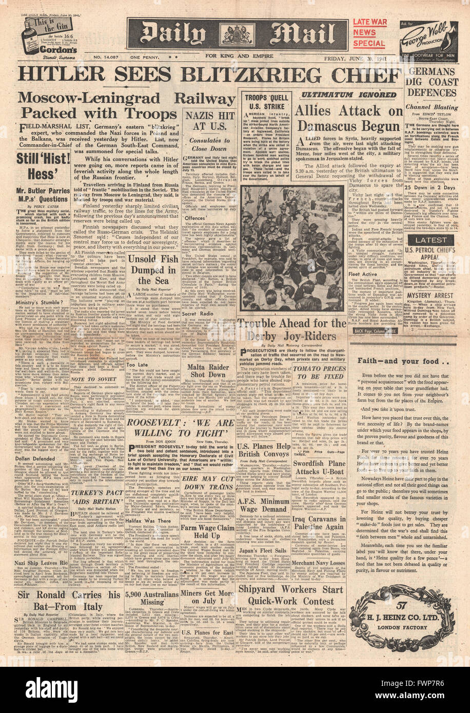 1941 front page Daily Mail German Forces mass on Russian Frontier and ...
